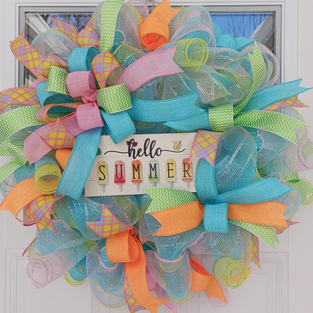 Hello Summer Wreath • Popsicle Mesh Ribbon Front Door Decor • Bright ...