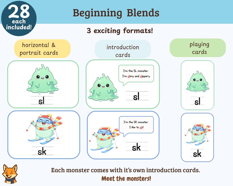 Monster Phonics Flashcards Set 3 – Beginning Blends (PDF Pattern) - Etsy
