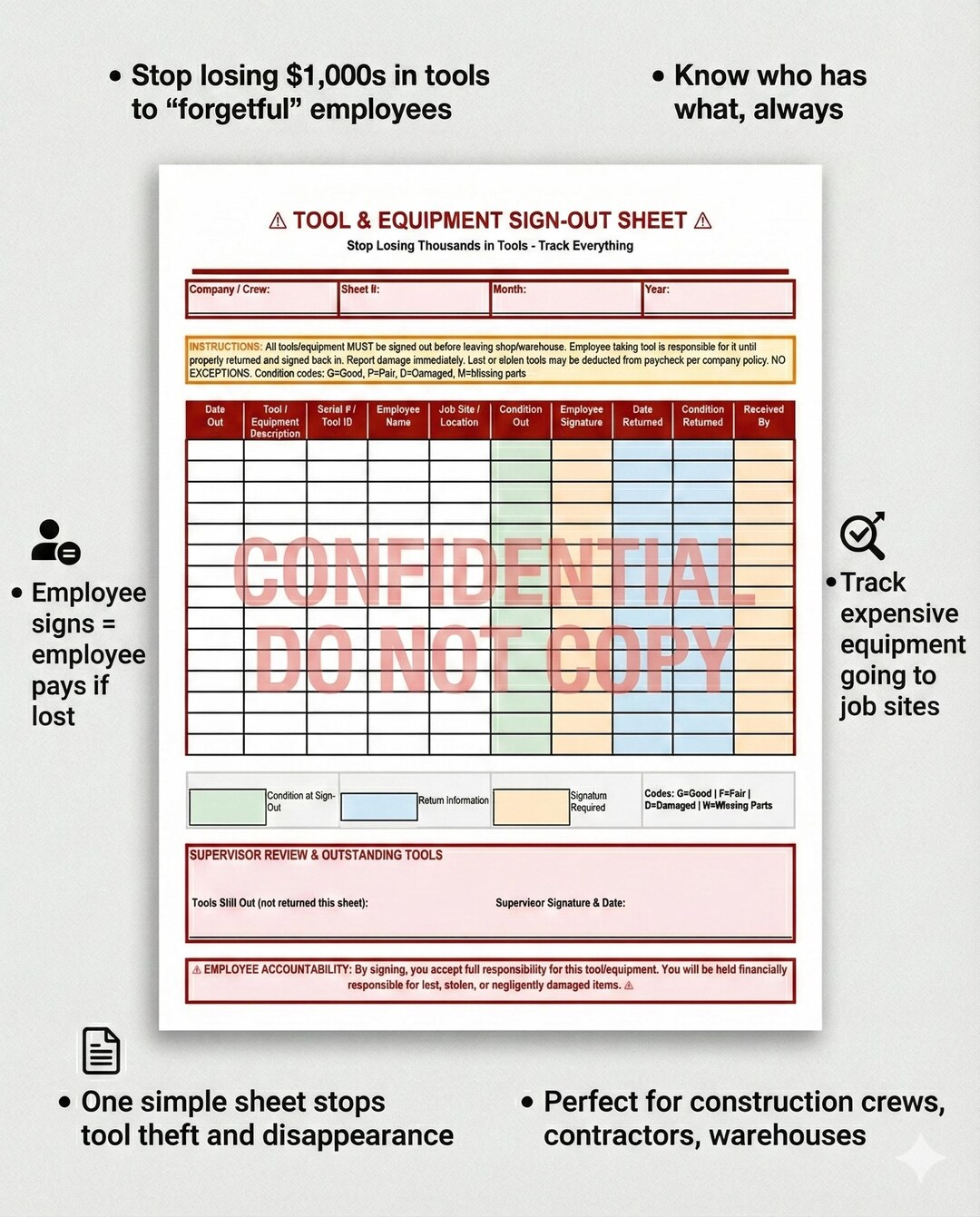 Tool Sign Out Sheet Template Printable | Equipment Tracking Log Form ...
