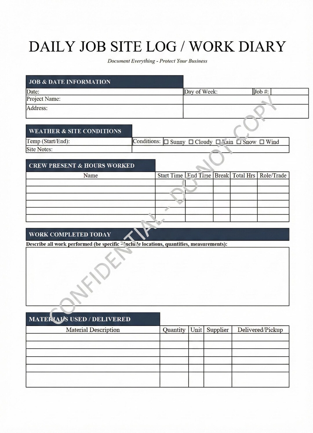 Daily Job Site Log Template Printable | Construction Work Diary ...