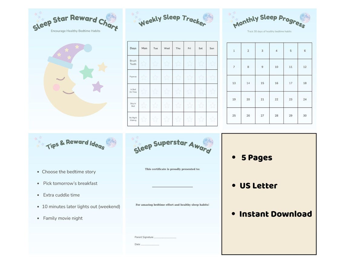 Bedtime Reward Chart Printable for Kids | Sleep Star Tracker PDF ...