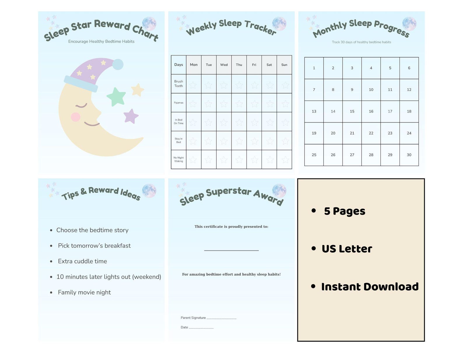 Bedtime Reward Chart Printable for Kids | Sleep Star Tracker PDF ...