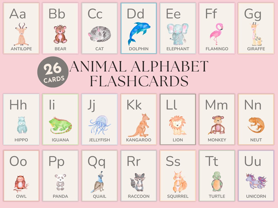 Watercolor Animal Alphabet Flashcards | Preschool ABC Cards ...