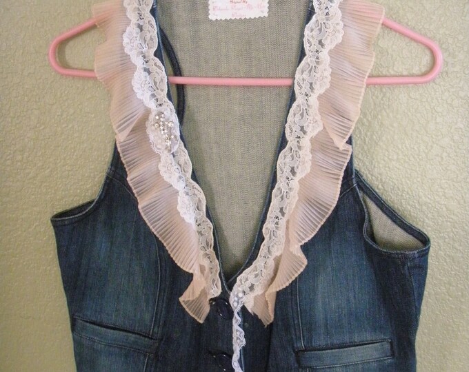 Frilly Denim Vest Racer Back Pale Peach Ruffles Lace Vintage Brooch ...