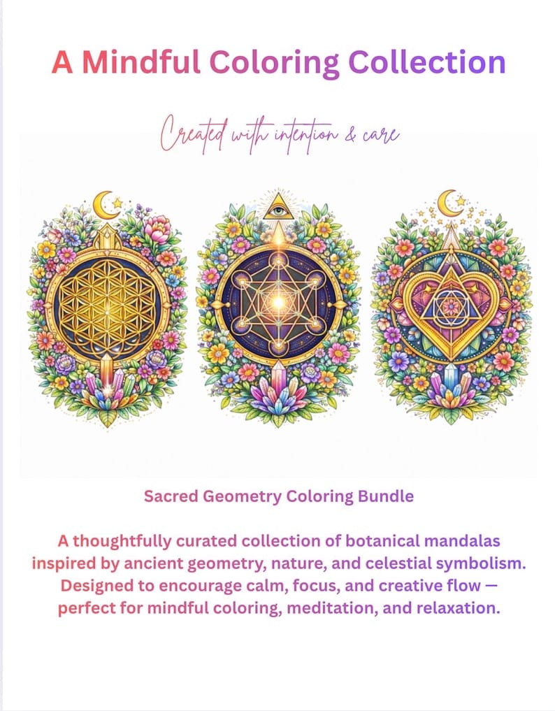 Sacred Geometry Coloring Pages Bundle | Botanical Mandala Coloring Book ...