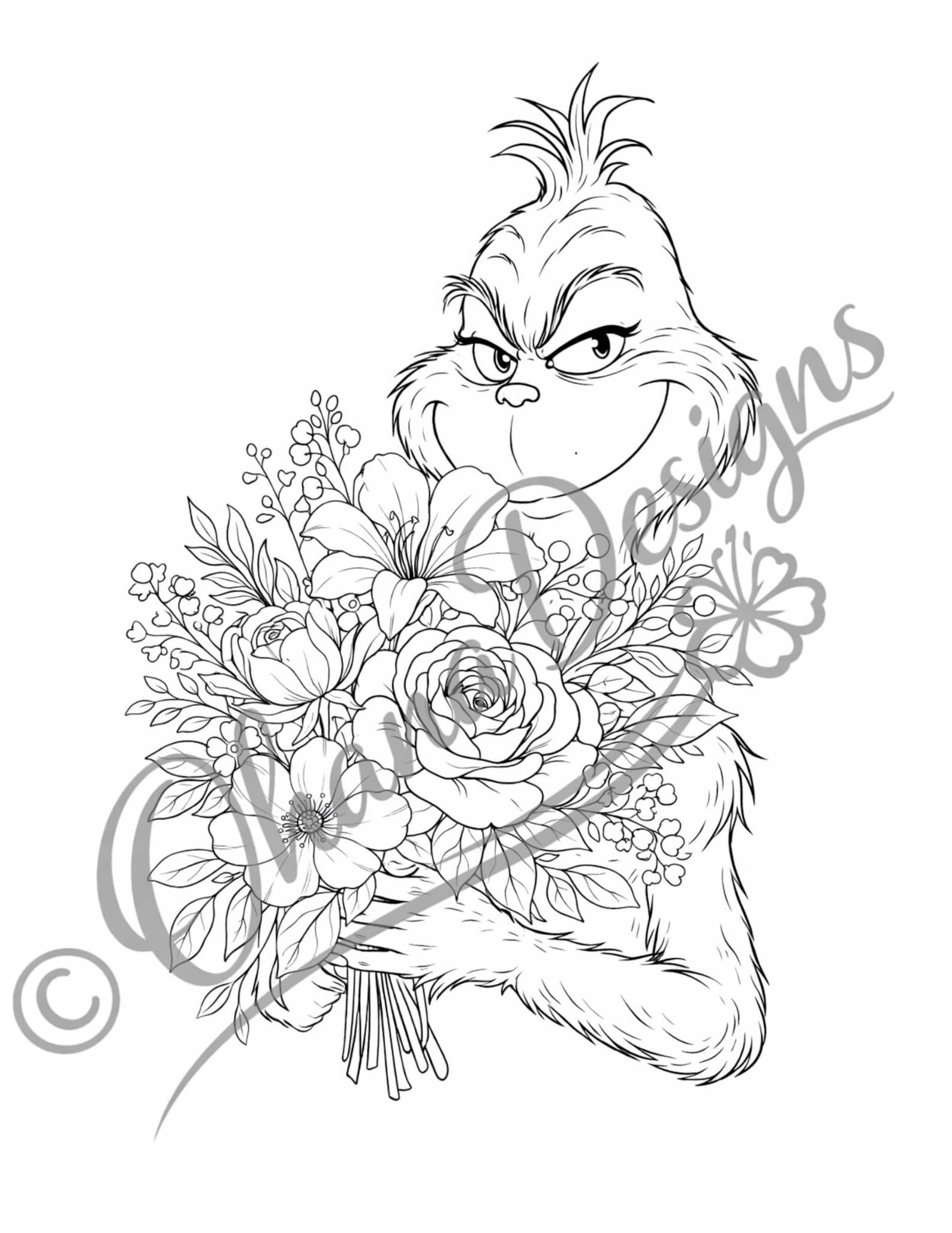 Holiday Christmas Creature Holding Floral Bouquet Coloring Page ...
