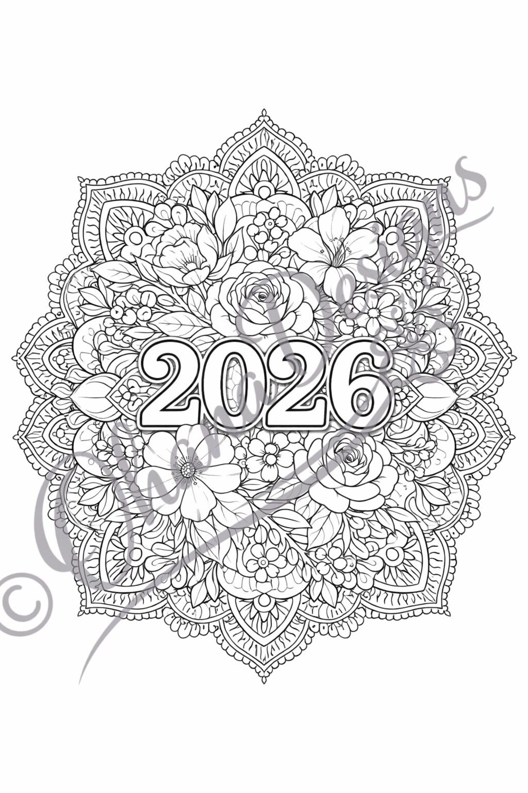 2026 Floral Mandala Coloring Page | New Year Activity (PDF Pattern) - Etsy