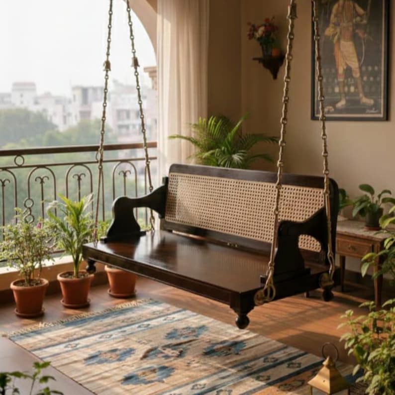 Handcrafted Teak Wood Indoor Jhula Swing With Brass Chains, Living Room ...