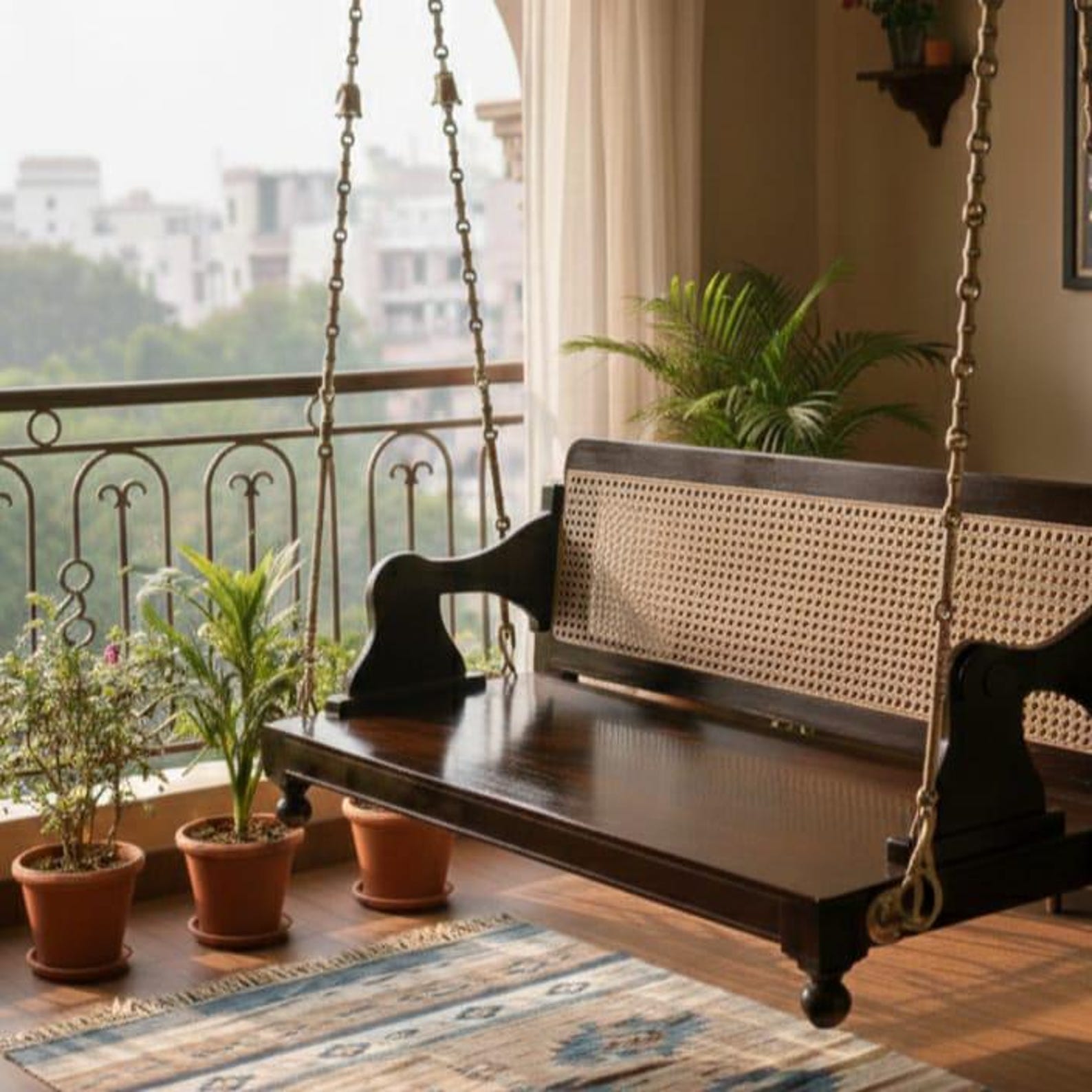 Handcrafted Teak Wood Indoor Jhula Swing With Brass Chains, Living Room ...