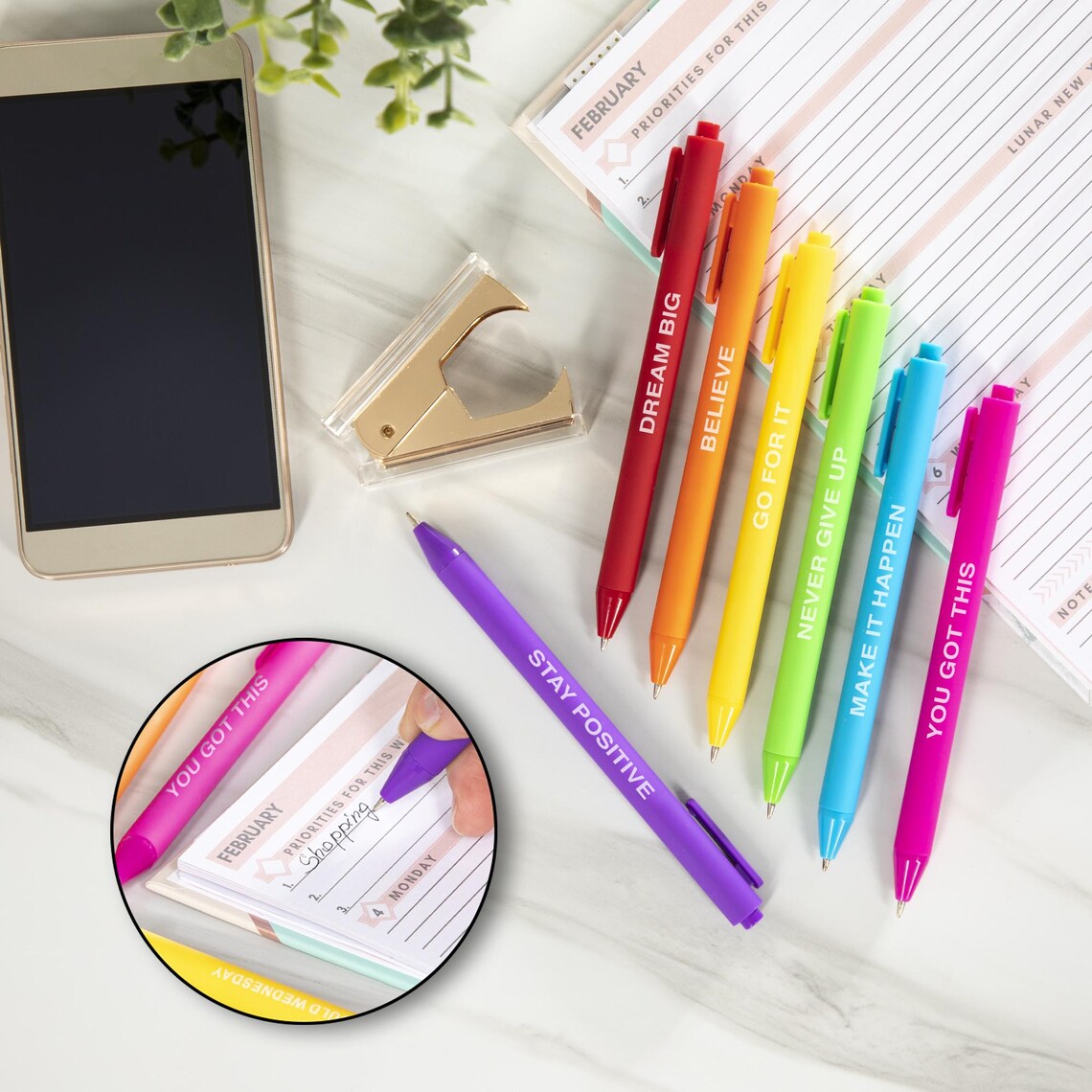 7pcs Motivational Inspirational Encouraging Pen Set Retractable Happy ...