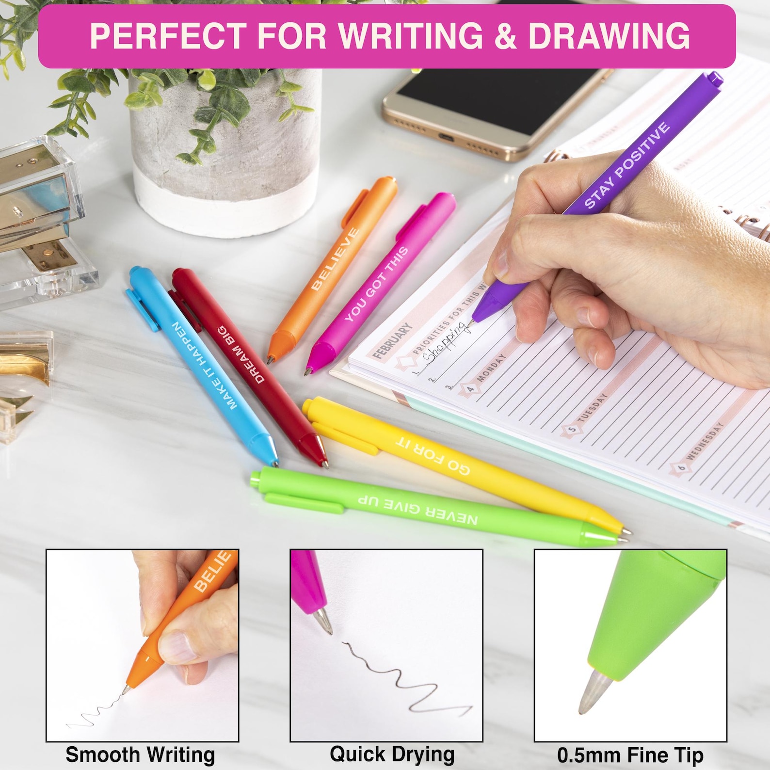 7pcs Motivational Inspirational Encouraging Pen Set Retractable Happy ...