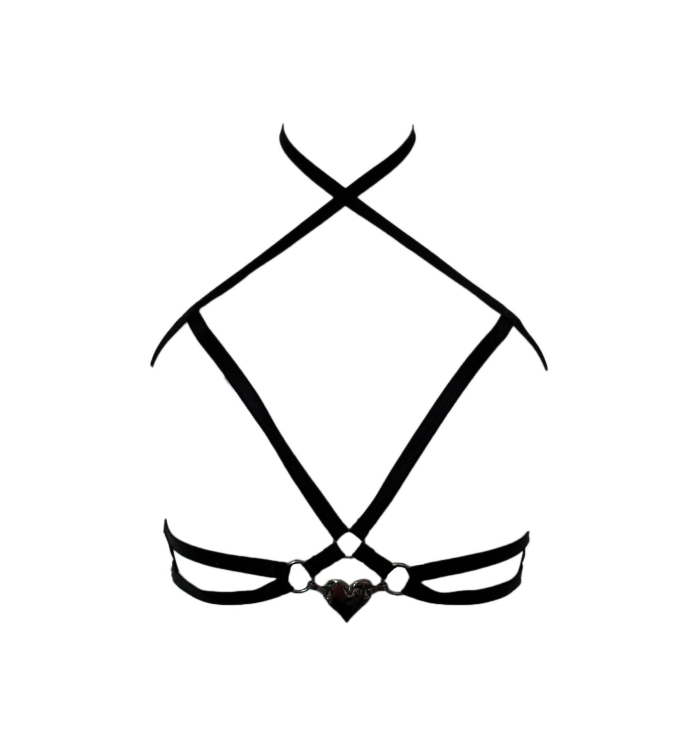 Black satin elastic frame harness bra with silver metal heart | Etsy