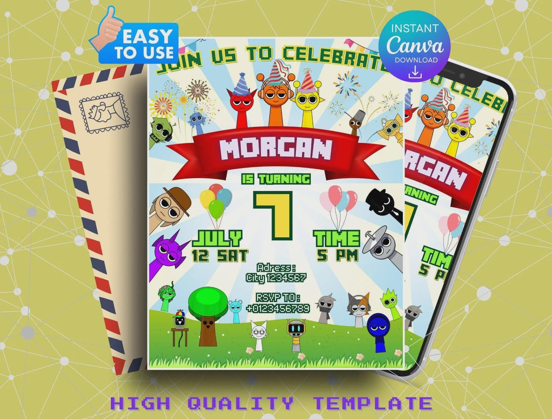Invitación de cumpleaños de Sprunki / Plantilla editable de Canva ...