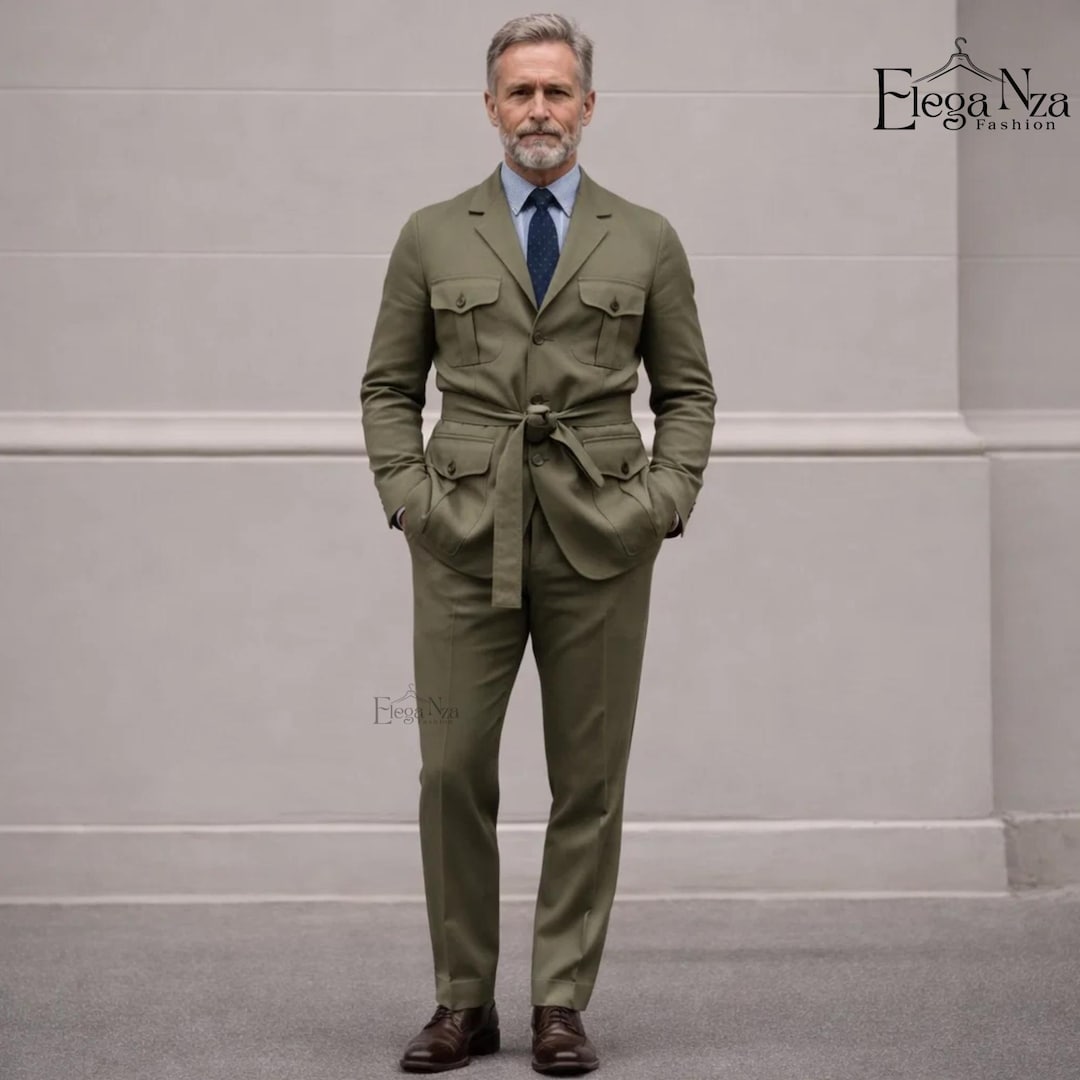 Men's Safari Suit Custom Tailored | Olive Green Safari Suit for Men ...