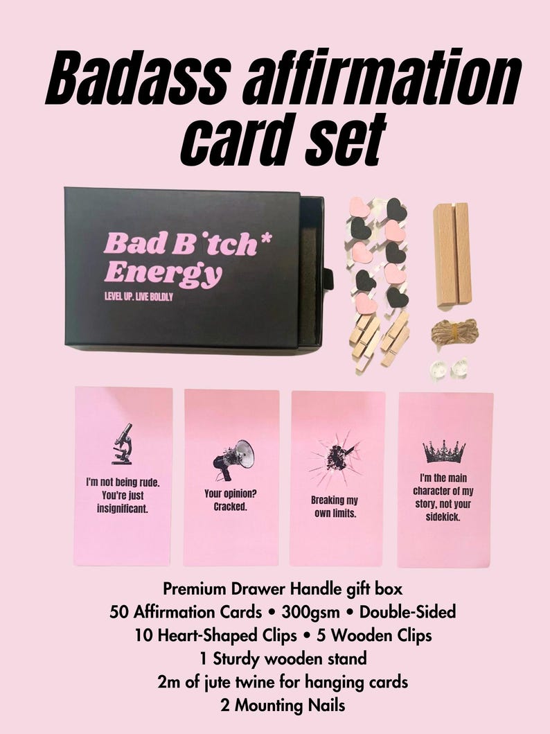Bad B*tch Energy Affirmation Card Set (with Clips, Wooden Stand & Jute ...