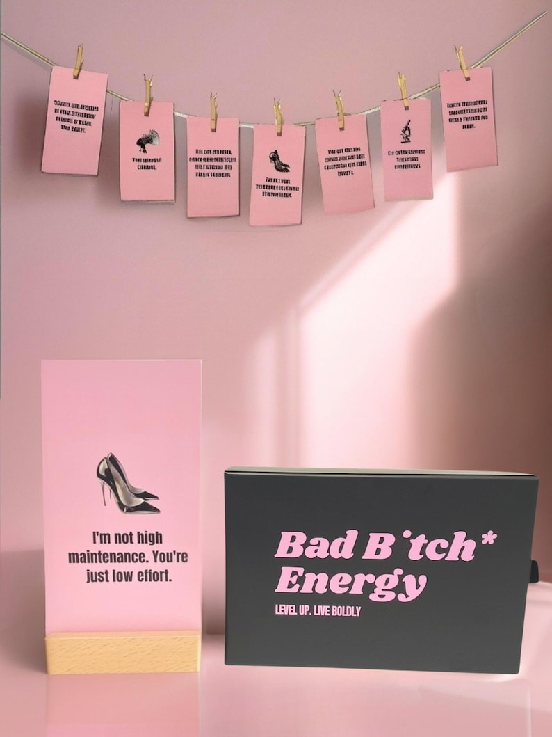 Bad B*tch Energy Affirmation Card Set (with Clips, Wooden Stand & Jute ...