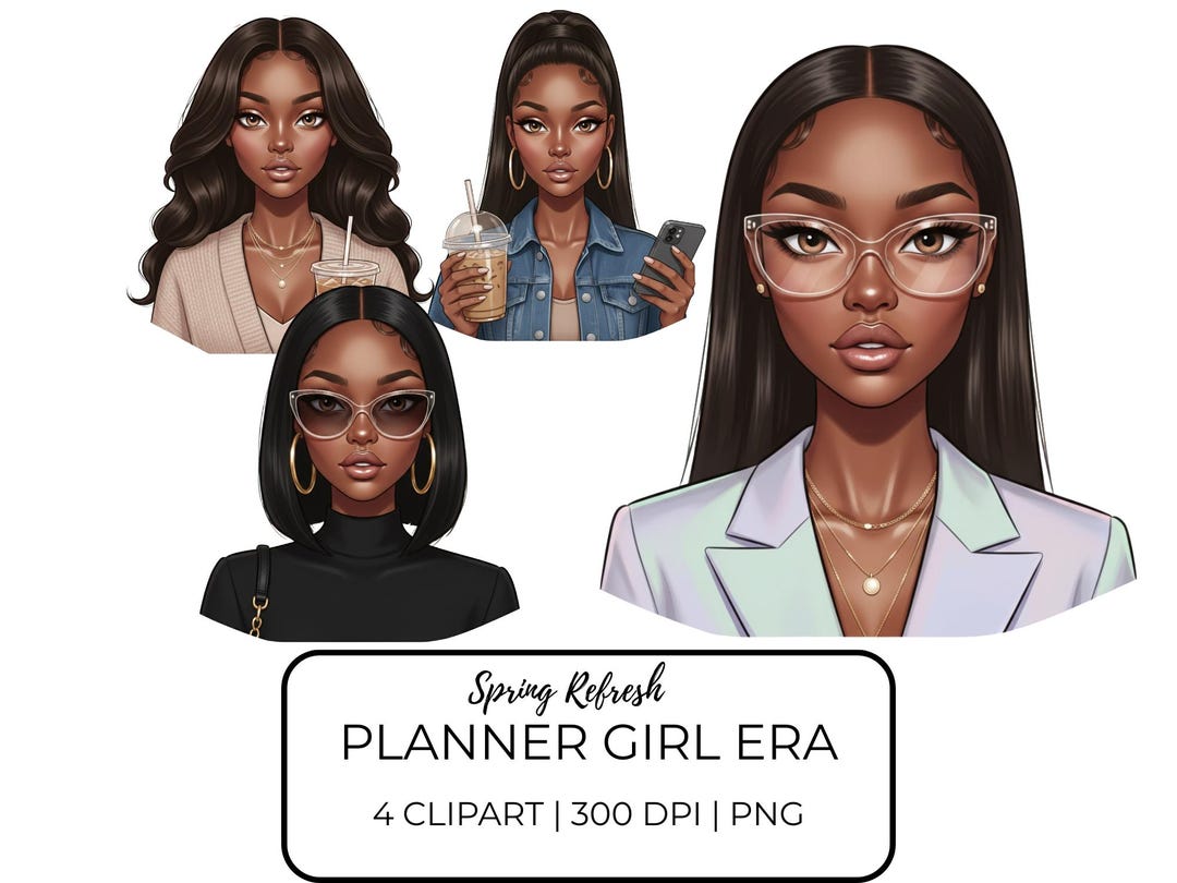 Black Woman Planner Girl Clipart Bundle | Glam Fashion Doll PNG ...
