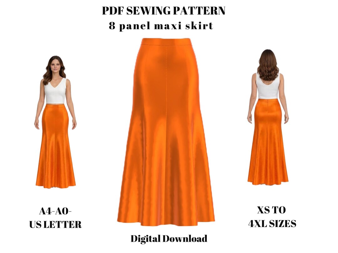 8 Panel Maxi Skirt Sewing Pattern PDF, High Waist Long Skirt Pattern ...
