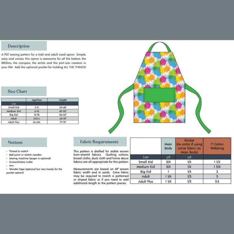 Classic Apron Sewing Pattern PDF | Kids & Adult Sizes, Beginner Easy ...
