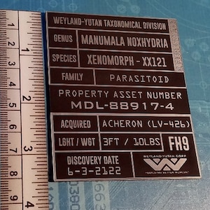Custom ALIENS FACEHUGGER Specifications Data Plate Prop Xenomorph Giger ...