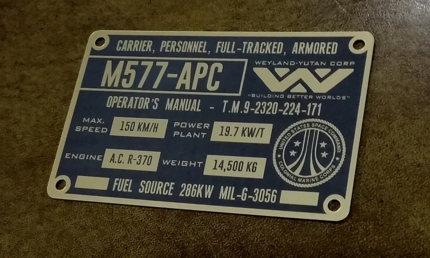 Custom ALIENS M577 Armored Personnel Carrier Specifications Data Plate ...