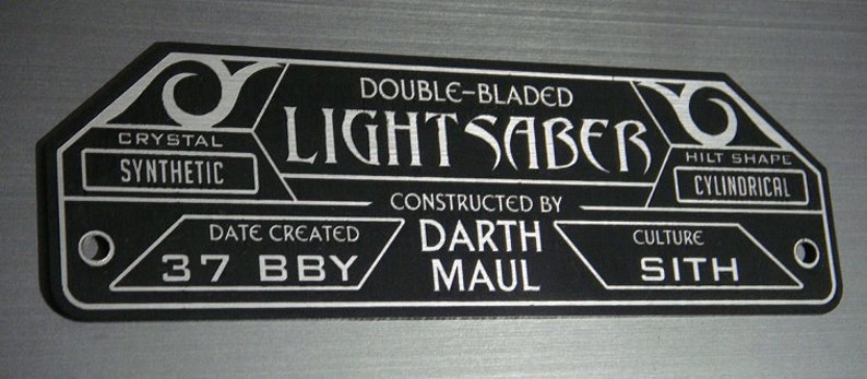 Custom DARTH MAUL LIGHTSABER Specifications Data Plate Star Wars Jedi ...