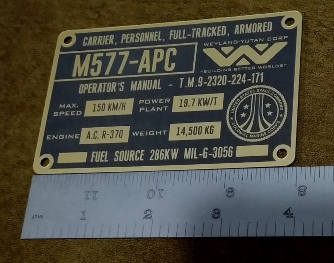 Custom ALIENS M577 Armored Personnel Carrier Specifications Data Plate ...