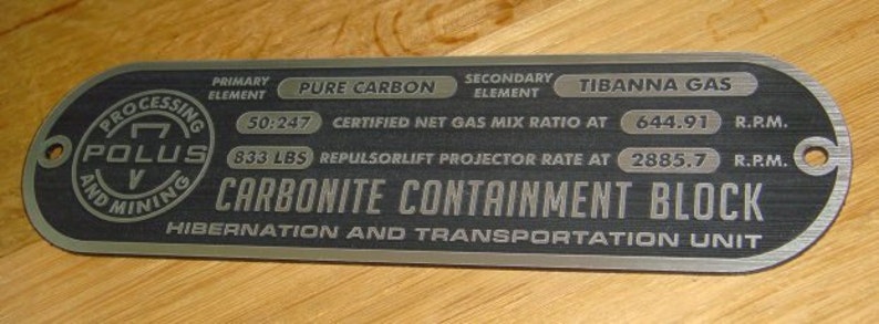 Custom CARBONITE Containment Block Specifications Data Plate STAR WARS ...