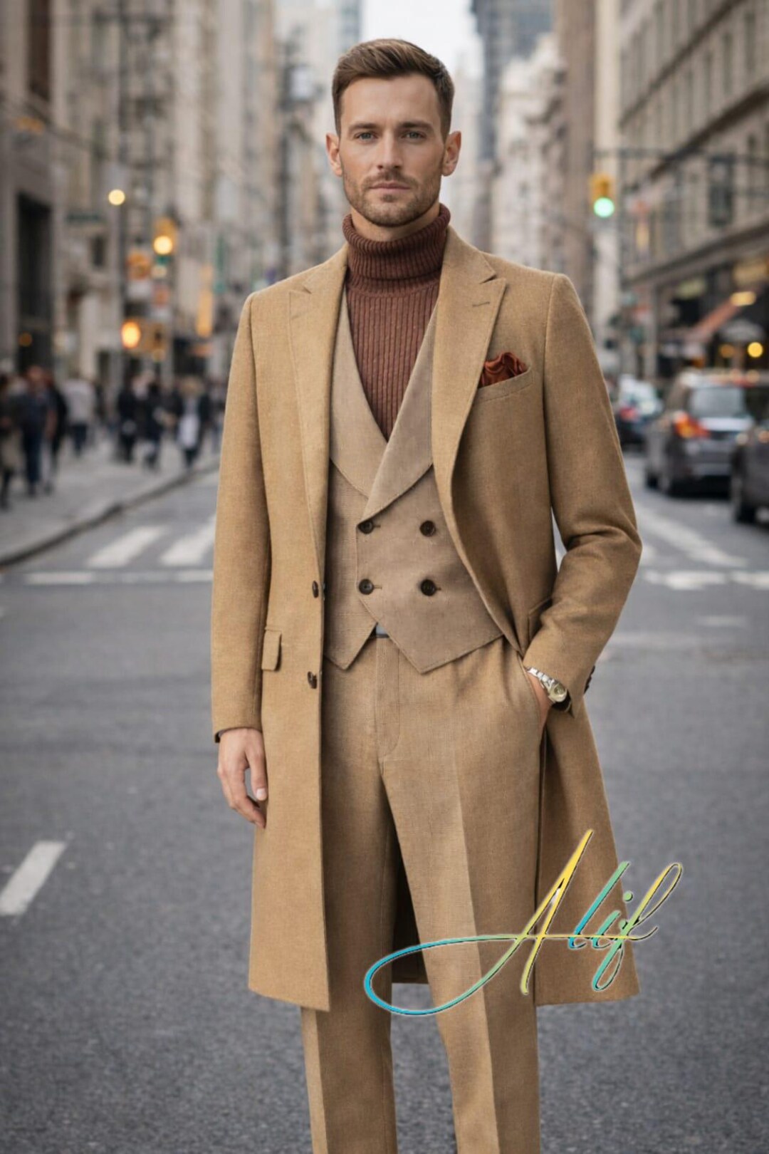 Mens Wool Camel Overcoat 3 Piece Set | Long Coat With Double Breasted ...