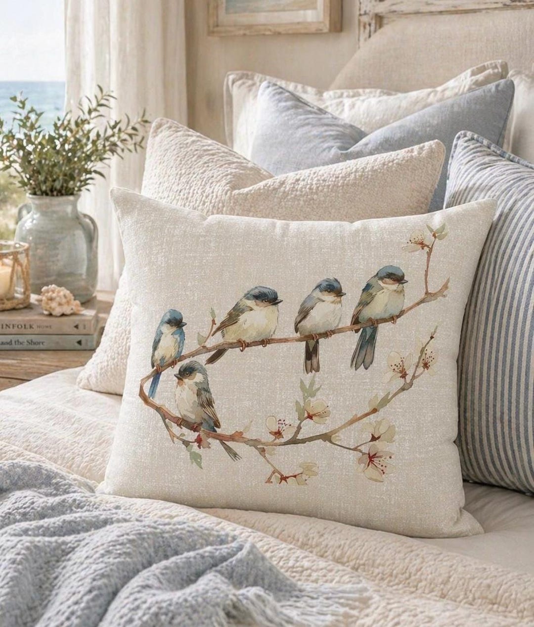 Cojín de pájaros azules / Cojín decorativo con pájaros en una rama ...