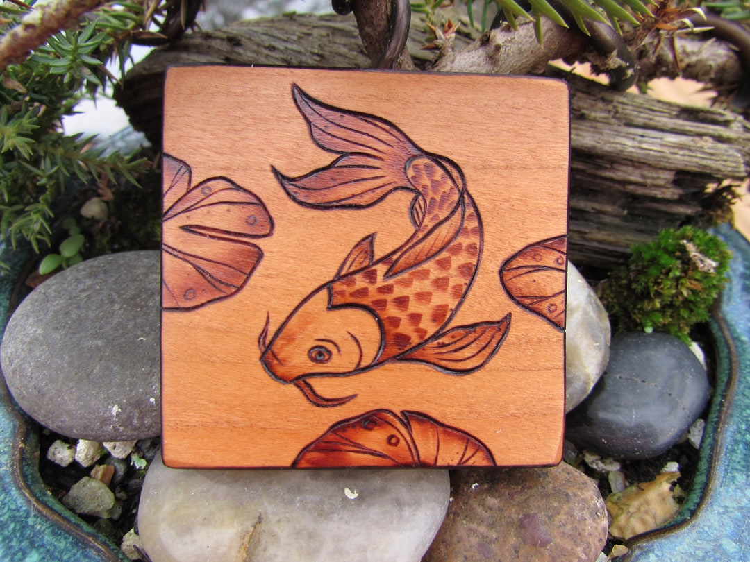 Koi Fish on Cherry Wood Tile Pyrography Woodburning - Etsy