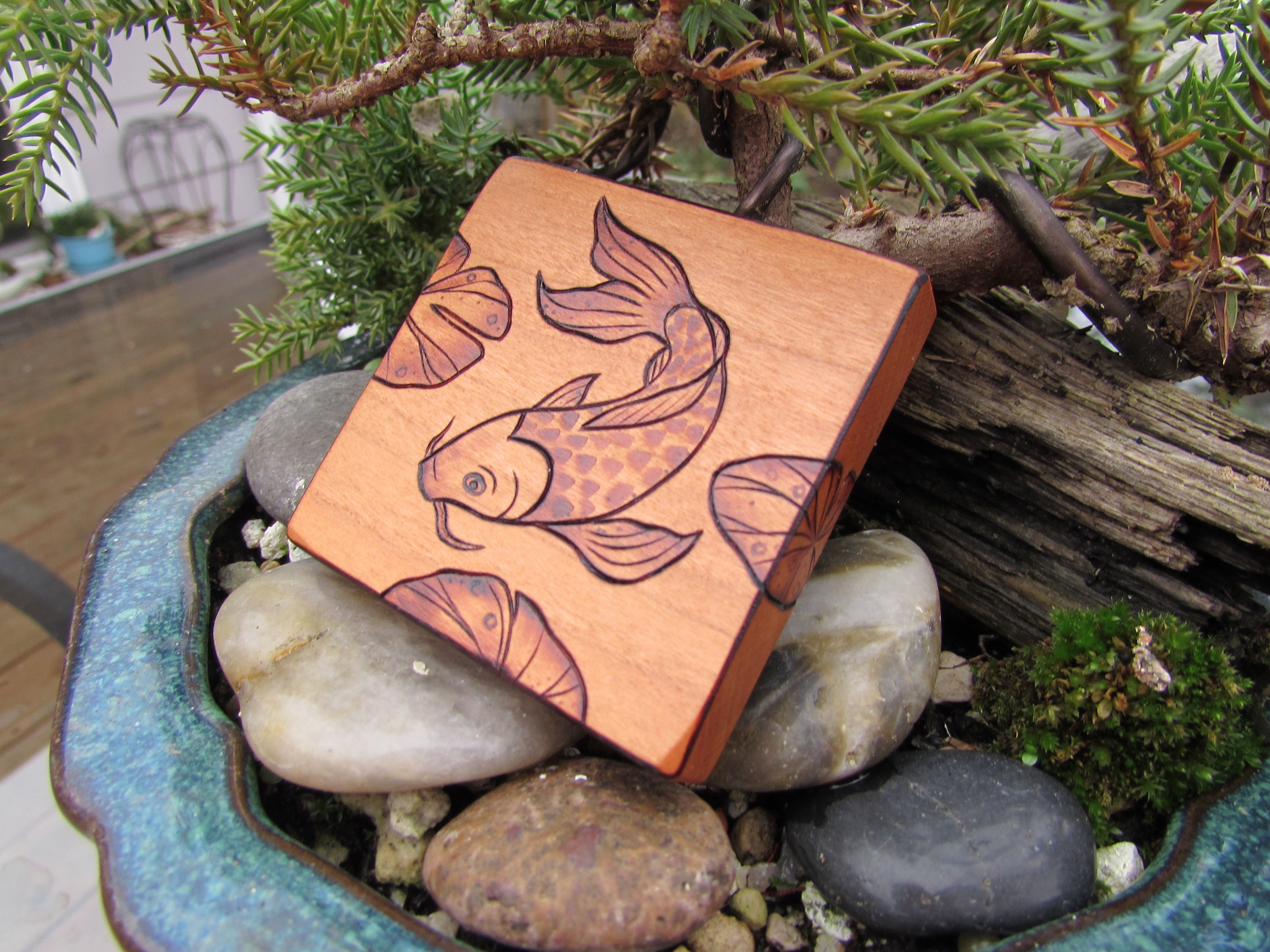 Koi Fish on Cherry Wood Tile Pyrography Woodburning - Etsy