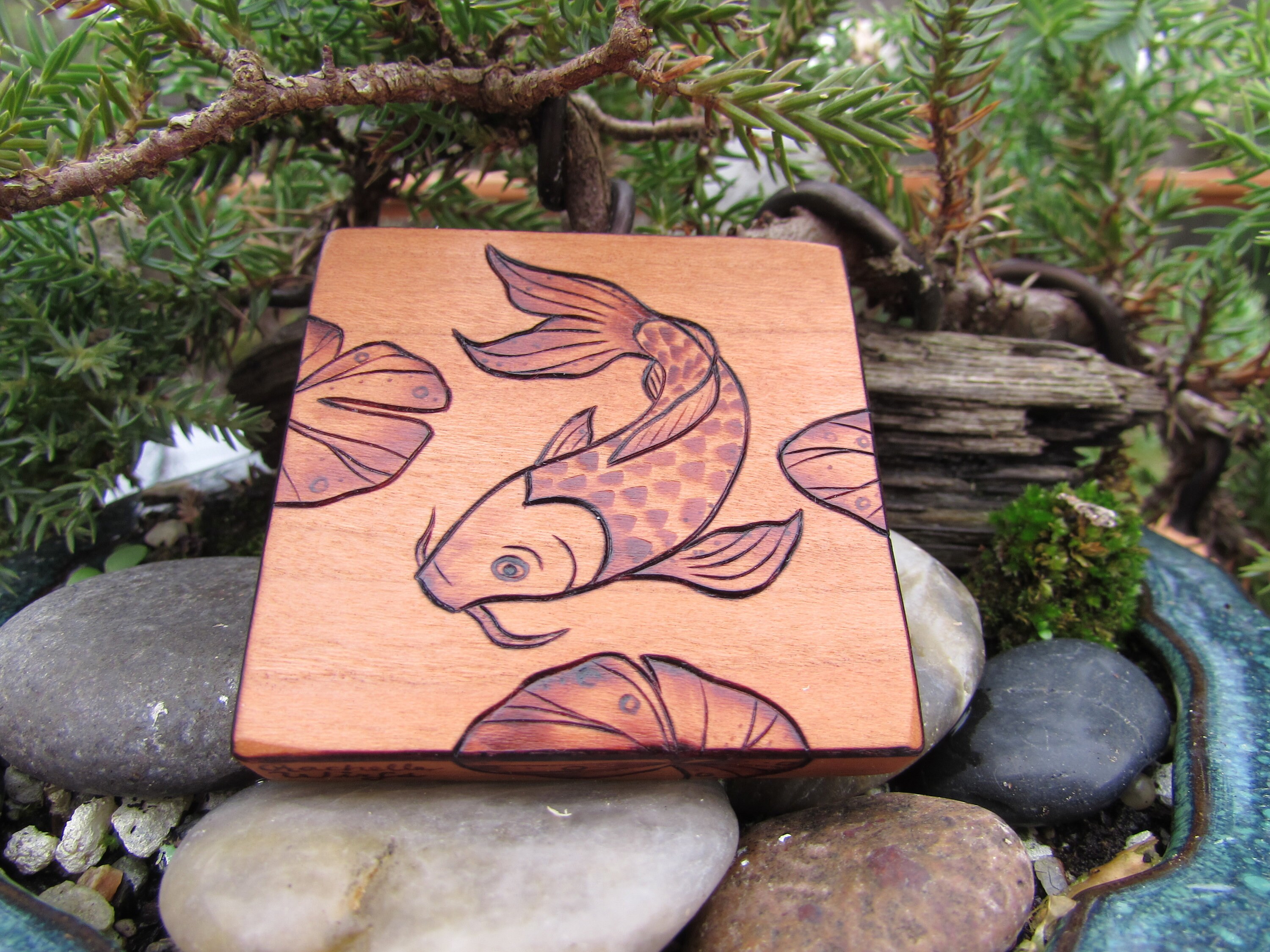 Koi Fish on Cherry Wood Tile Pyrography Woodburning - Etsy