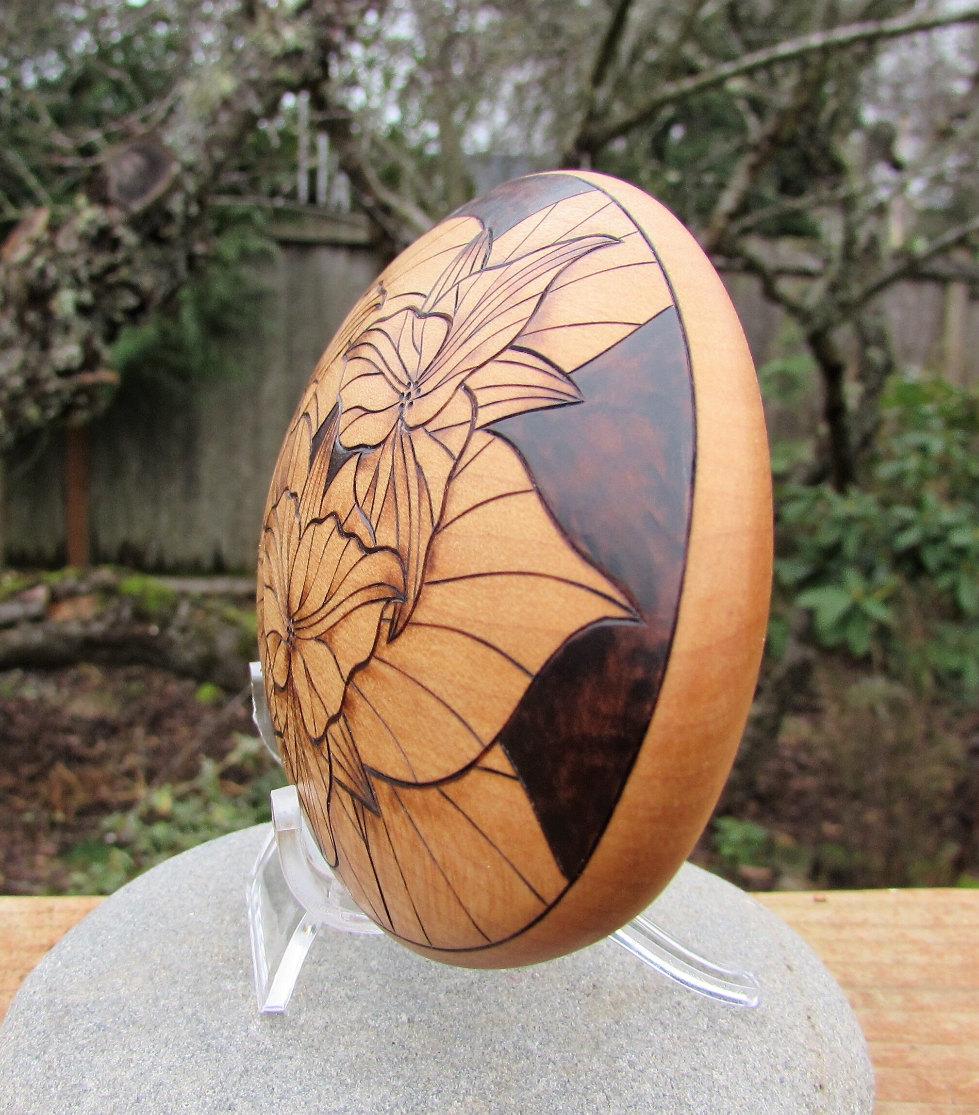 Art Objects Sculpture Trillium Flowers on Sugar Maple Wood River Rock ...