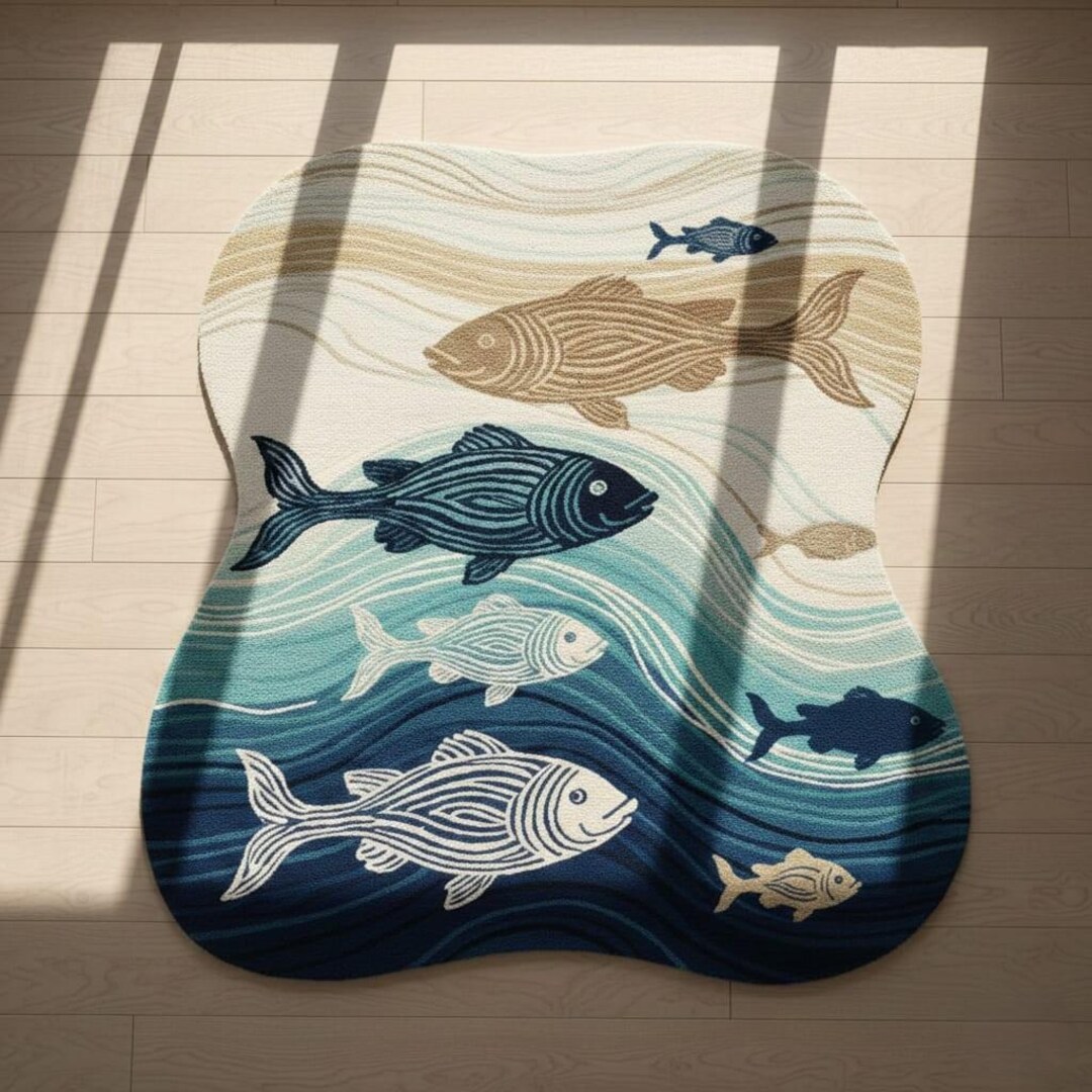 Fish Area Rug, Ocean Theme Irregular Rug, Nautical Coastal Floor Carpet ...