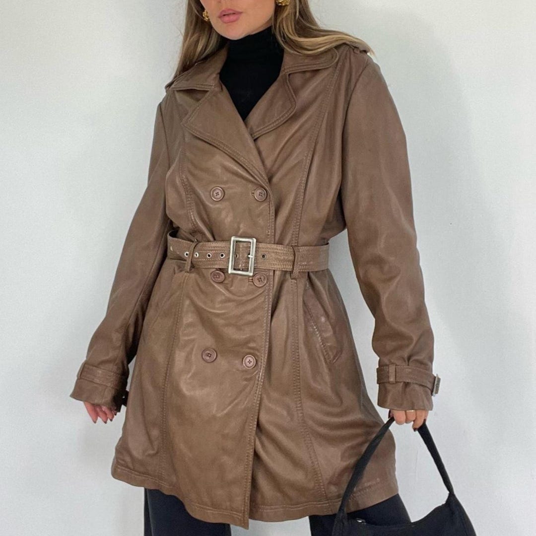Women's Brown Long Leather Coat - Vintage Double Breasted Leather ...