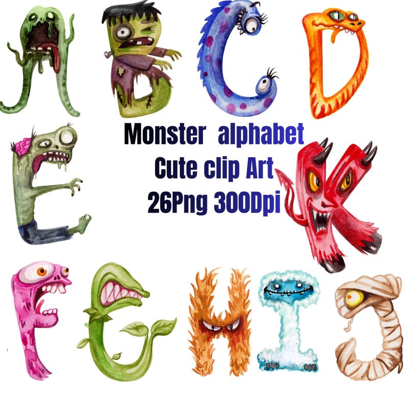 Monster Alphabet Clipart Set, 26 PNG Files, Cute Alphabet Letters for ...
