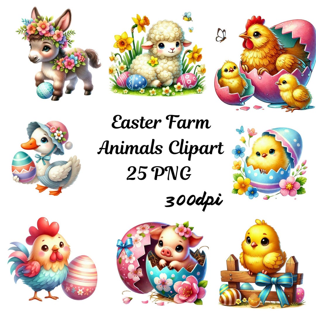 Watercolor Easter Farm Animals Clipart – Spring PNG Bundle (digital ...