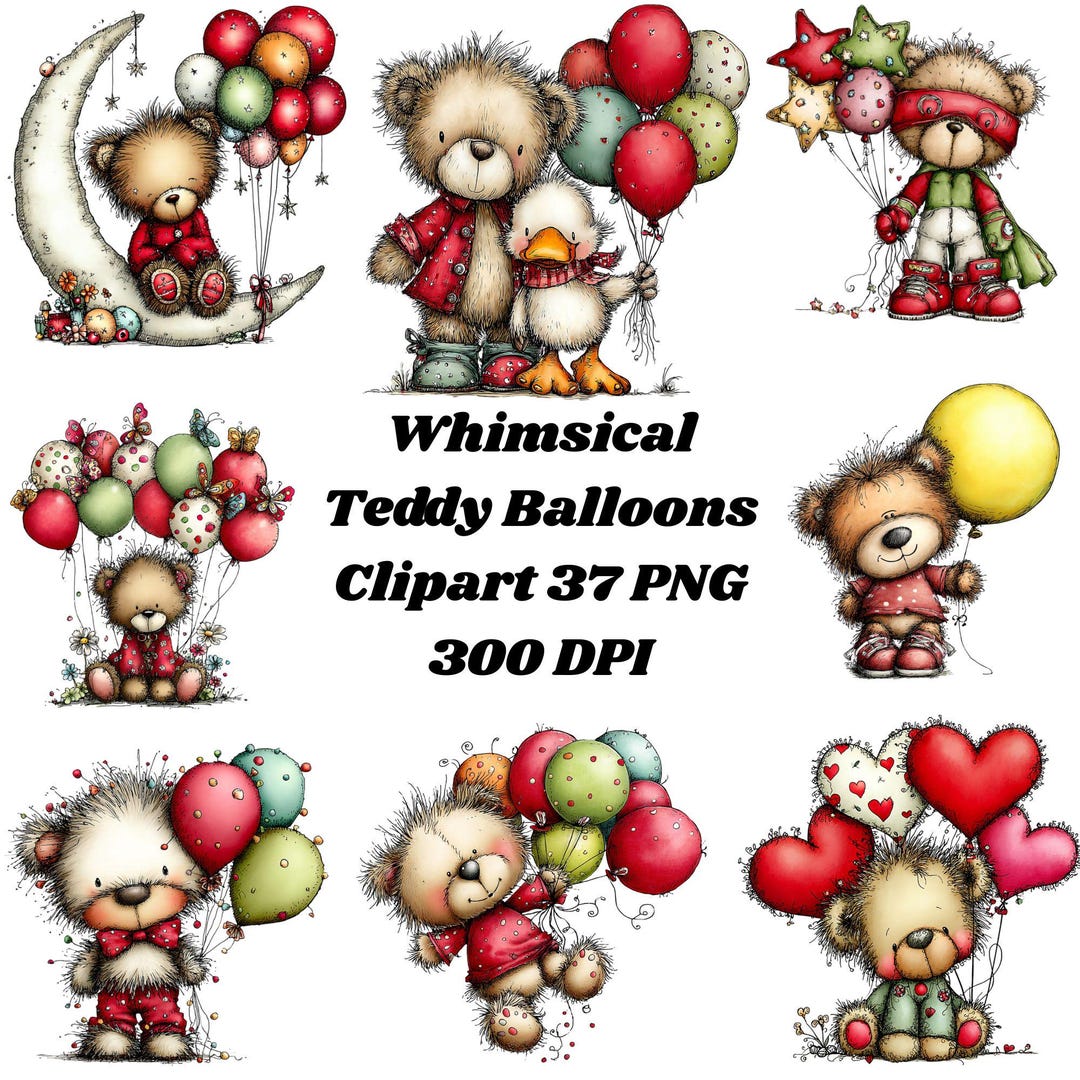 Watercolor Teddy Bear Balloon Clipart Set, Kids Birthday Party Graphics ...