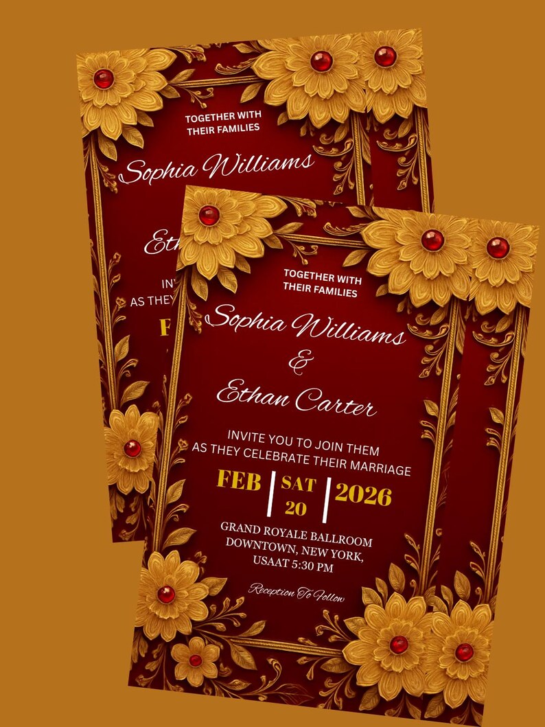 Elegant Red and Gold Wedding Invitation, Traditional Wedding Invite ...