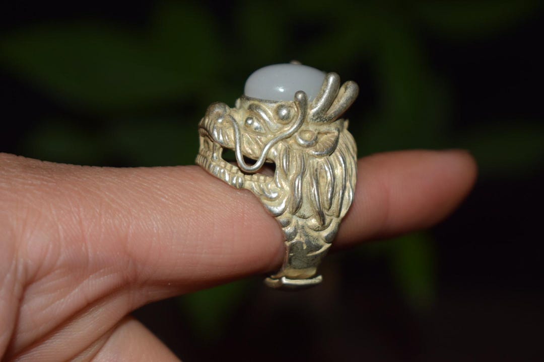 Old Chinese Silver Inlay Gem Dragon Head Jewelry Ring Handcrafted - Etsy