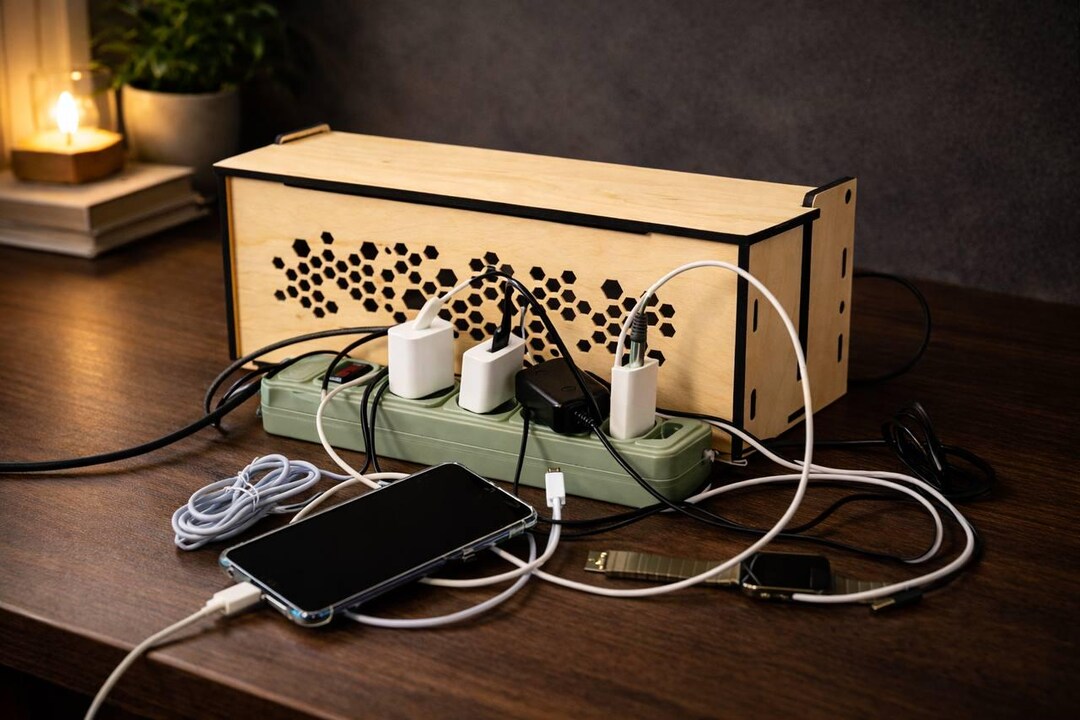 Wood Cable Organizer Box | Desk Power Strip Cover | Minimalist Cable ...