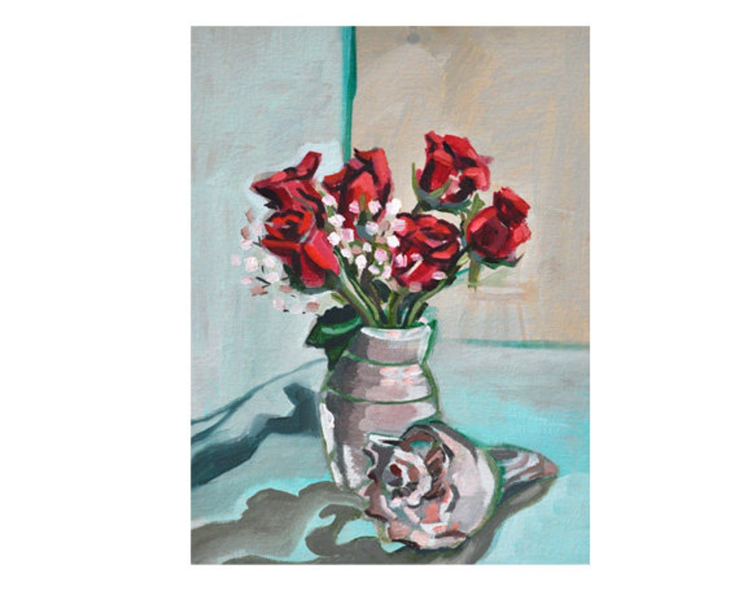 Red Roses and Conch Shell Spiral Still Life Original Oil Painting ...
