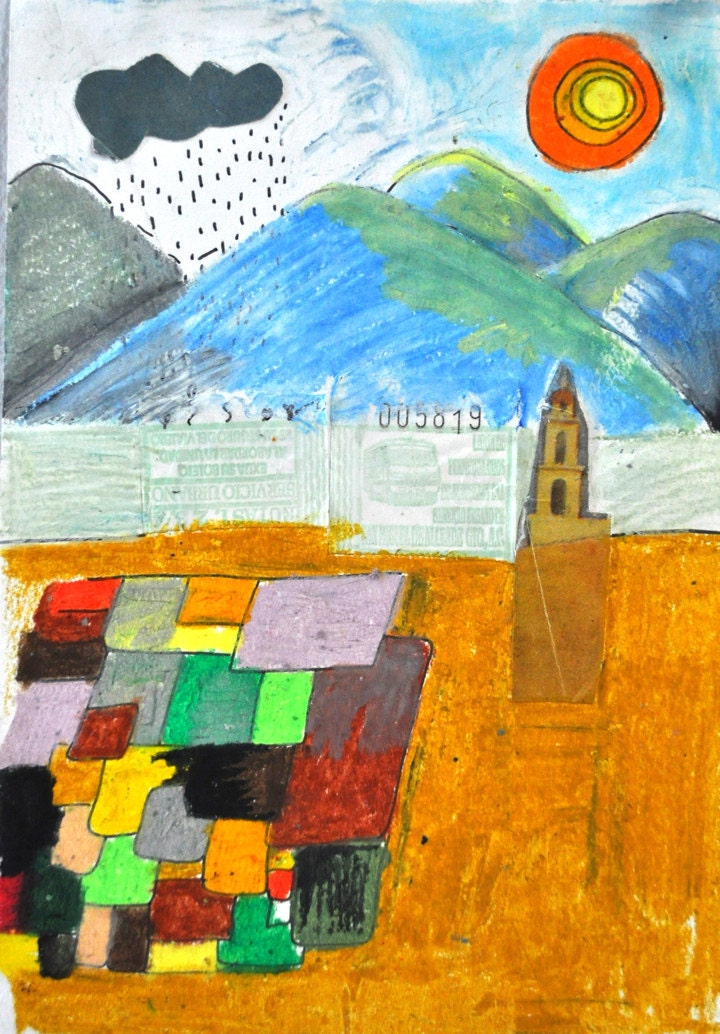 Jalapa Mexico Art, Patchwork Landscape Collage, Original Oil Pastel ...