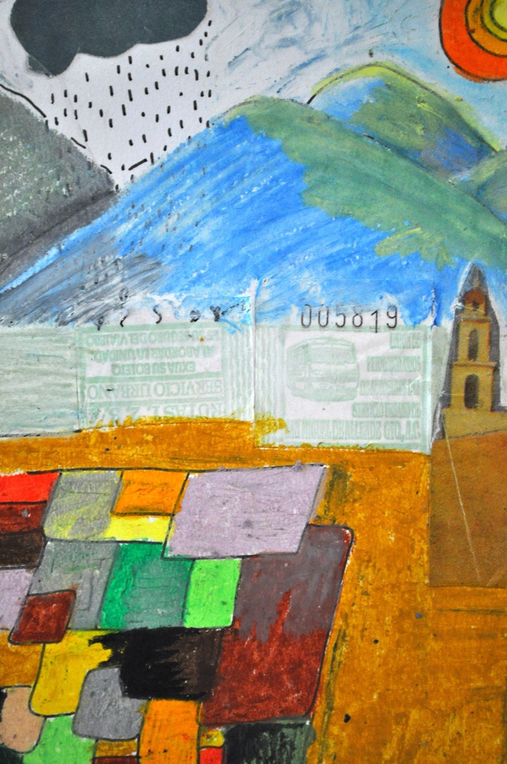 Jalapa Mexico Art, Patchwork Landscape Collage, Original Oil Pastel ...