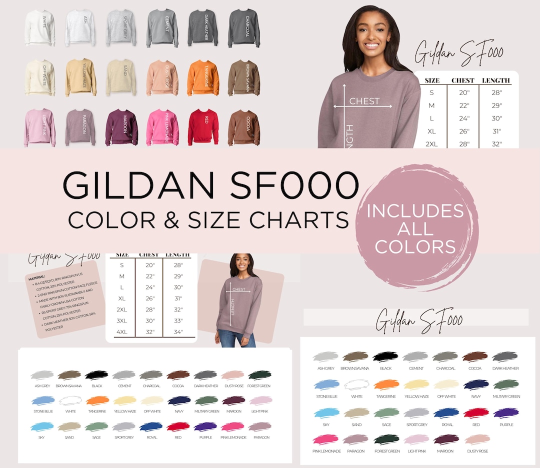Gildan SF000 Color Chart, Size Chart Soft Style Crew Neck Sweatshirt - Etsy