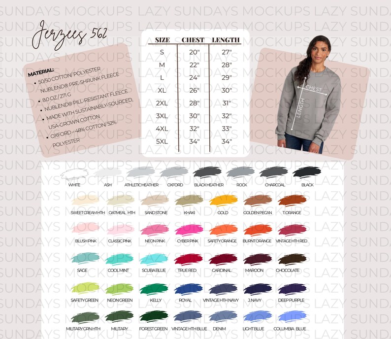 Jerzees 562MR Color Chart Size Chart Nublend Unisex Sweatshirt Fleece ...