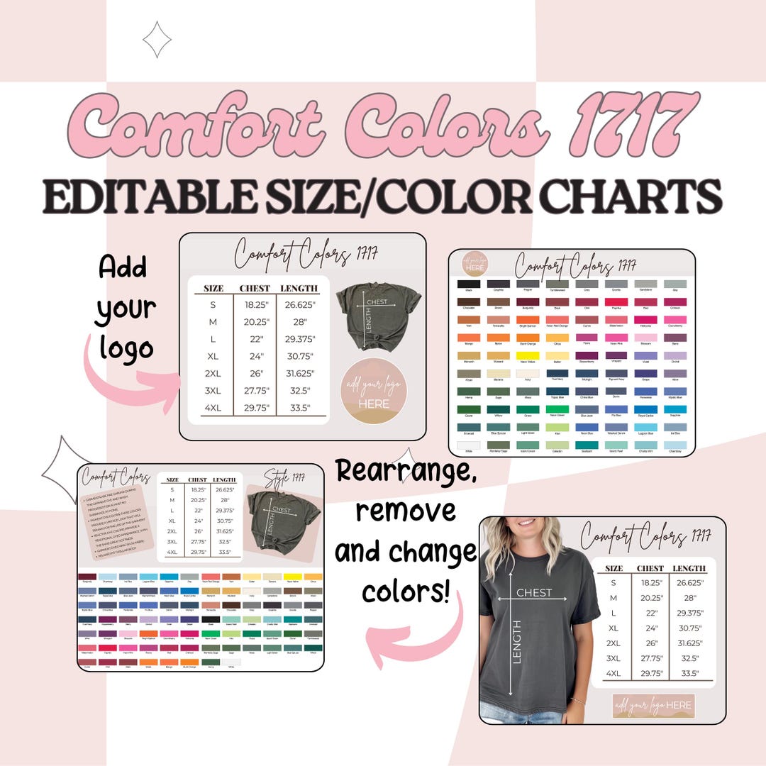 Editable Comfort Colors 1717 Color Chart and Size Chart Bundle - Etsy