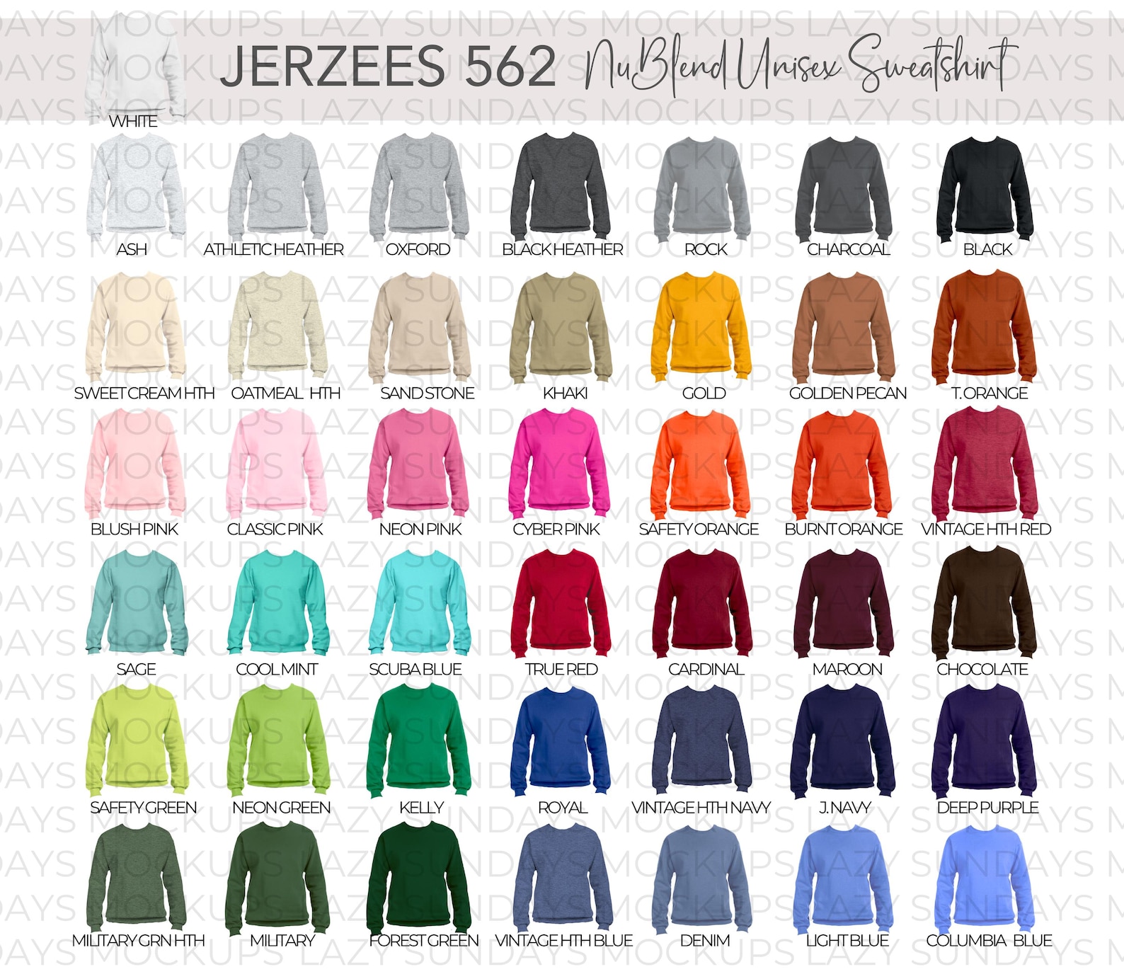 Jerzees 562MR Color Chart Size Chart Nublend Unisex Sweatshirt Fleece ...
