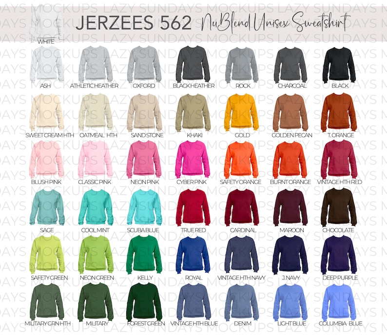 Jerzees 562MR Color Chart Size Chart Nublend Unisex Sweatshirt Fleece ...